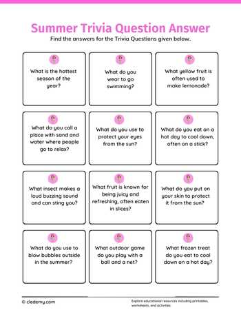 Summer Trivia Questions Answers Worksheet | Cledemy.com