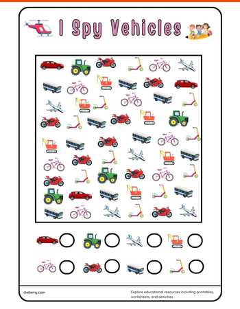 I Spy Vehicles Worksheet | Cledemy.com