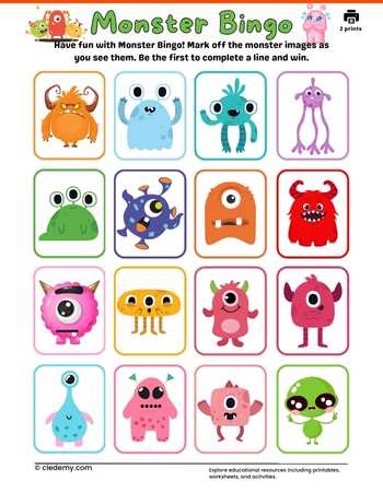 Monster Bingo Card Worksheet | Cledemy.com