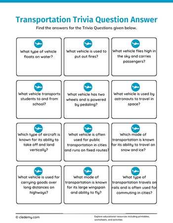 Transportation Trivia Questions Answers Worksheet | Cledemy.com