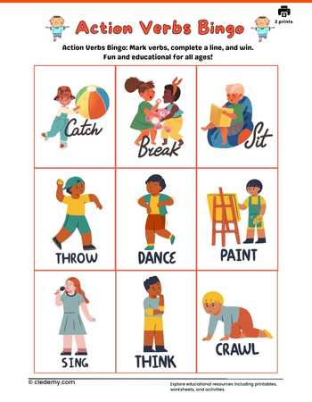 Action Verbs Bingo Card Worksheet | Cledemy.com