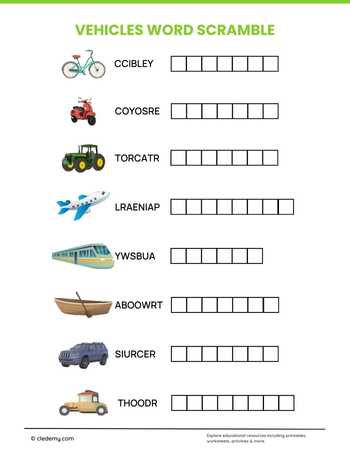 Vehicles Word Scramble Worksheet | Cledemy.com