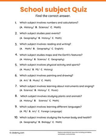 School Subject Quiz Worksheet | Cledemy.com
