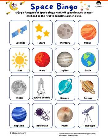 Space Bingo Card Worksheet | Cledemy.com