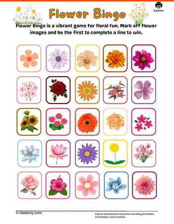 Flower Bingo Card Worksheet | Cledemy.com