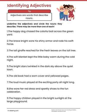 Identify Adjectives Worksheets | Cledemy.com