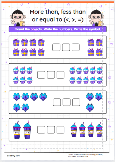 Count, Write Numbers and add Symbol Worksheets | Cledemy.com