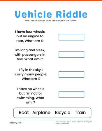 Vehicle Riddle Worksheet | Cledemy.com