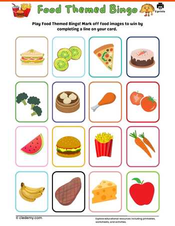Food Themed Bingo Card Worksheet | Cledemy.com