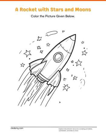A Rocket with Stars and Moons Coloring Worksheets | Cledemy.com