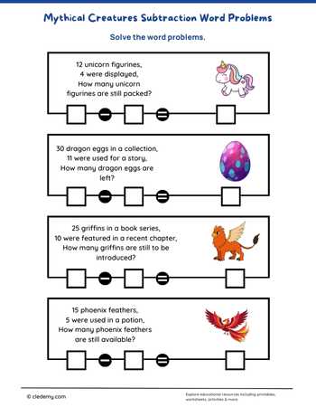 Mythical Creatures Subtraction Word Problems Worksheets | Cledemy.com