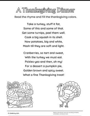 Thanksgiving Poem Coloring Worksheet | Cledemy.com