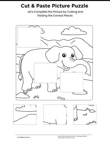 Cut & Paste Picture Puzzle- Elephant Worksheets | Cledemy.com