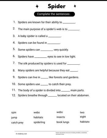Complete Sentence Spider Worksheets | Cledemy.com