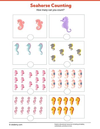 Seahorse Counting Worksheets | Cledemy.com