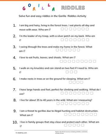 Gorilla Riddle Worksheets | Cledemy.com