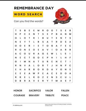 Remembrance Day Word Search Puzzle Worksheets | Cledemy.com