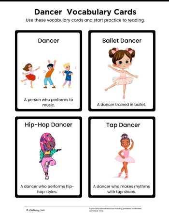Dancer Vocabulary Cards Worksheets | Cledemy.com
