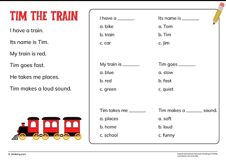 Tim the Train Reading Comprehension & MCQ-Questions Worksheets ...