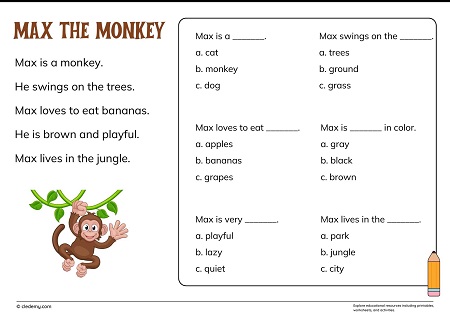 Max the Monkey Reading Comprehension & MCQ-Questions Worksheets ...