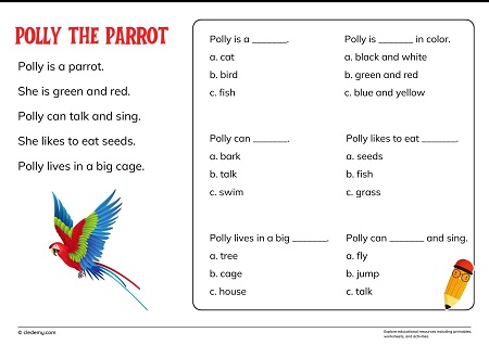 Polly the Parrot Reading Comprehension & MCQ-Questions Worksheets ...