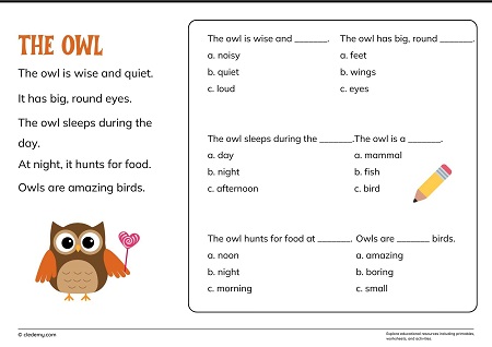 The Owl Reading Comprehension & MCQ-Questions Worksheets | Cledemy.com
