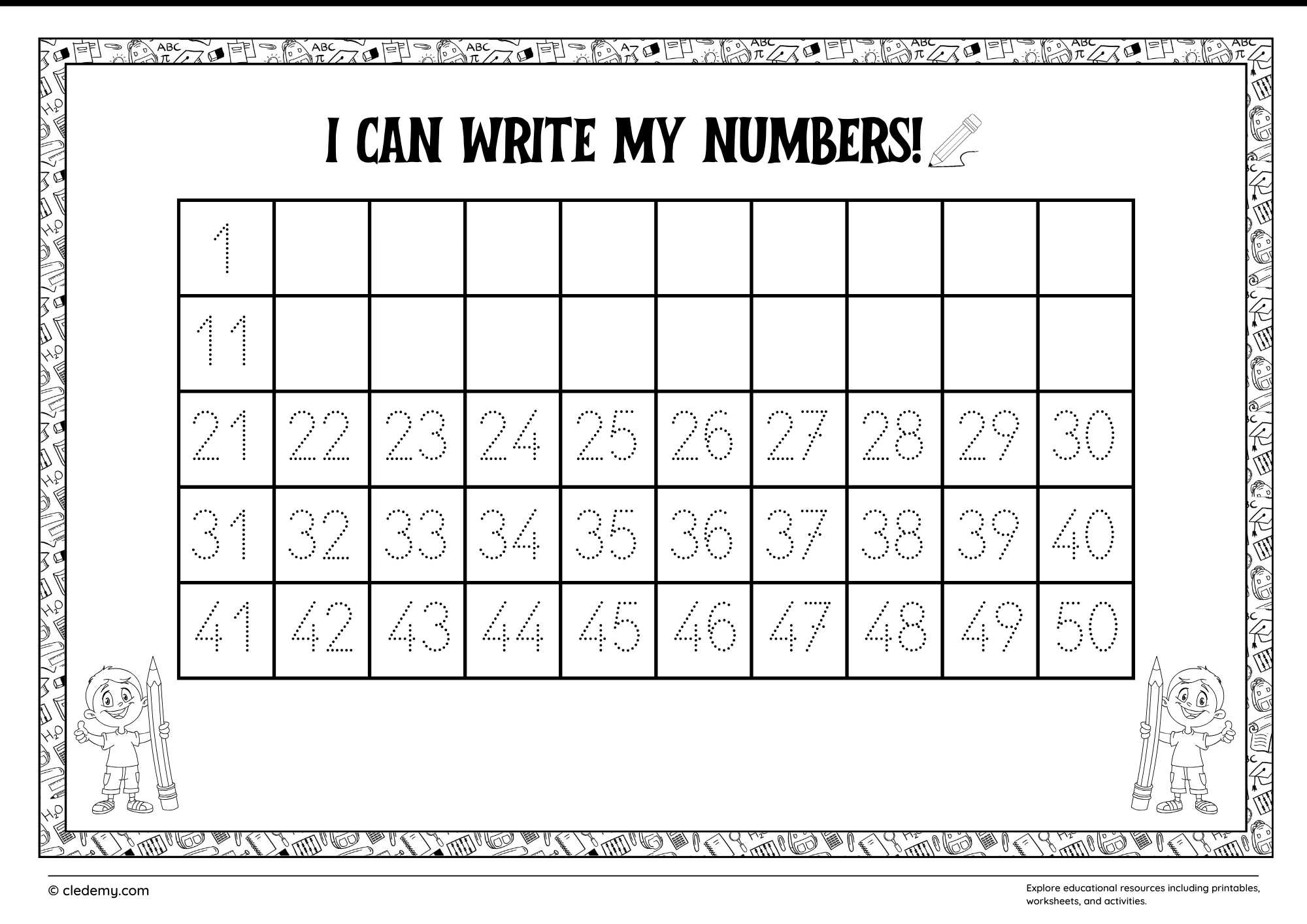 Trace and Write Numbers Practice 1-50 Worksheets | Cledemy.com