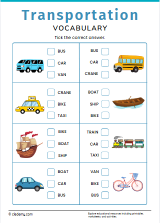 Transportation Vocabulary Worksheets | Cledemy.com