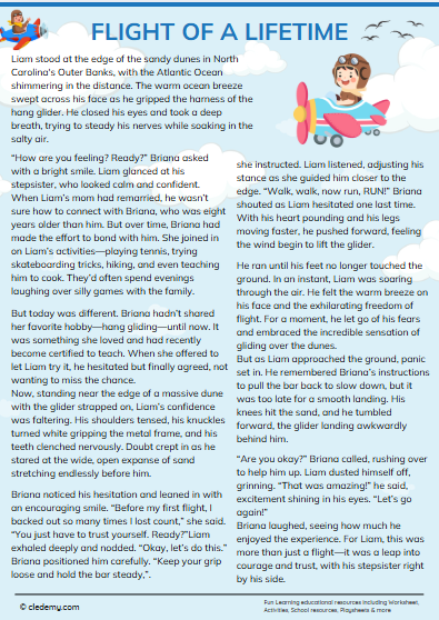 Reading Comprehension: Flight of a Lifetime Worksheets | Cledemy.com