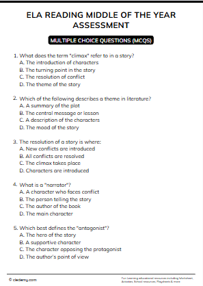 ELA Reading Middle of the Year Assessment Worksheets | Cledemy.com