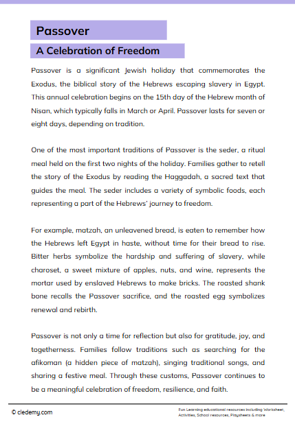 Passover A Celebration of Freedom Reading Passage Comprehension ...
