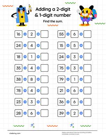 Adding 2 and 1 Digit Numbers Worksheets | Cledemy.com