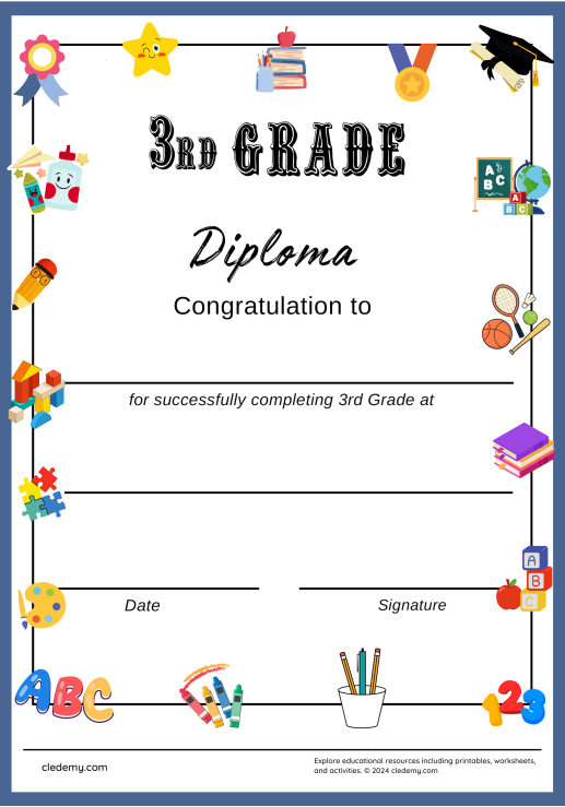 Grade 3 Diploma Certificate Worksheet | Cledemy.com