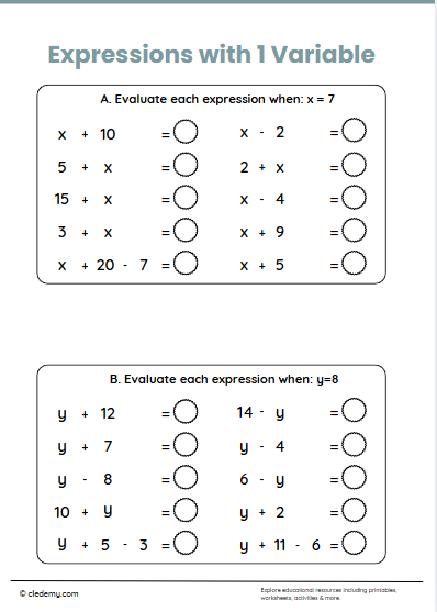 Expressions with One Variable Worksheets | Cledemy.com